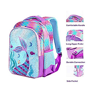 THE Crafts Reversible Sequin School Backpack Lightweight Little Kid Book Bag with Lunch Bag Set for Preschool Kindergarten Elementary (17", Mermaid with Lunch Bag)