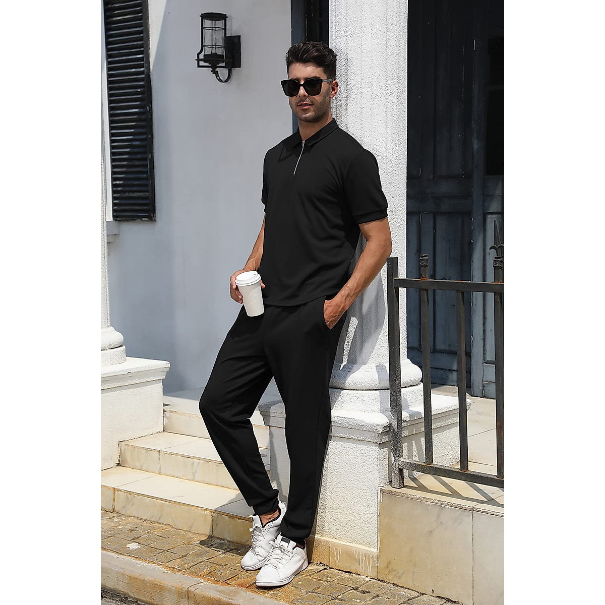 FZNHQL Men's Casual Tracksuit Polo Sets Long Sleeve Sweatshirt Jogger Sweatpants Zip Polo Golf Sports 2pcs Running Jogging Sports Top and Pants Fashion Gift Black XL