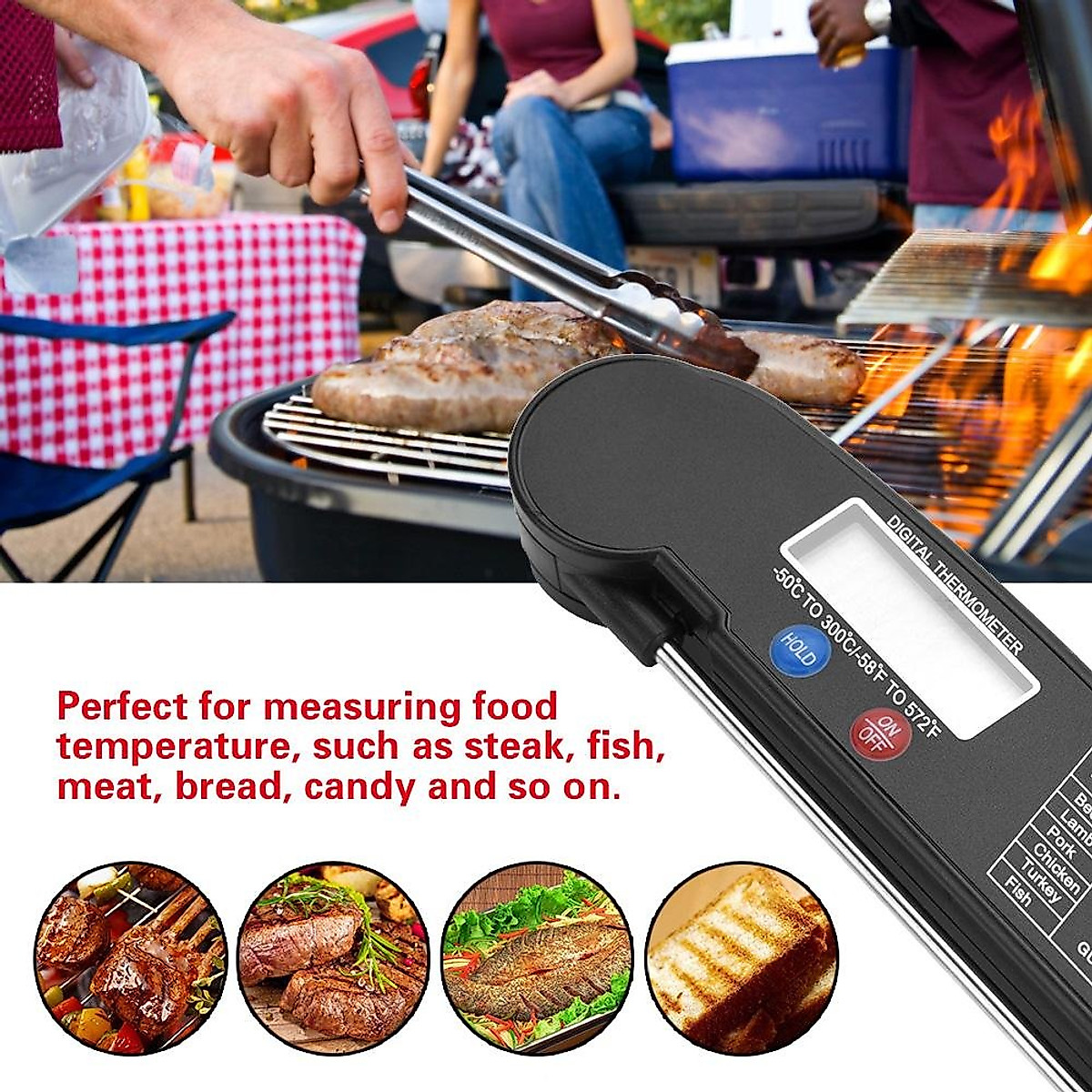 LCD Digital Food Meat Thermometer with Folding Probe Turkey Fish Beef Taste Selectable Kitchen Cooking BBQ Grill Temp Tester(Black)