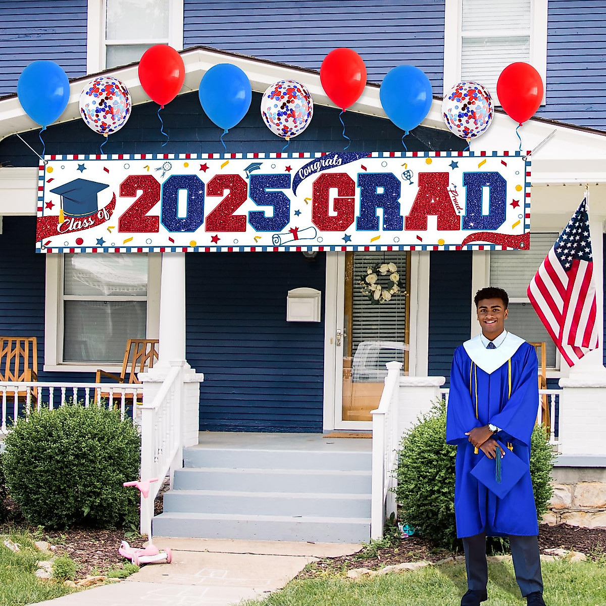 2023 Graduation Decoration Set Large Red and Blue Class of 2023 Congrats Grad Banner with 18 PCS Graduation Balloons for High School College Graduation Party Supplies
