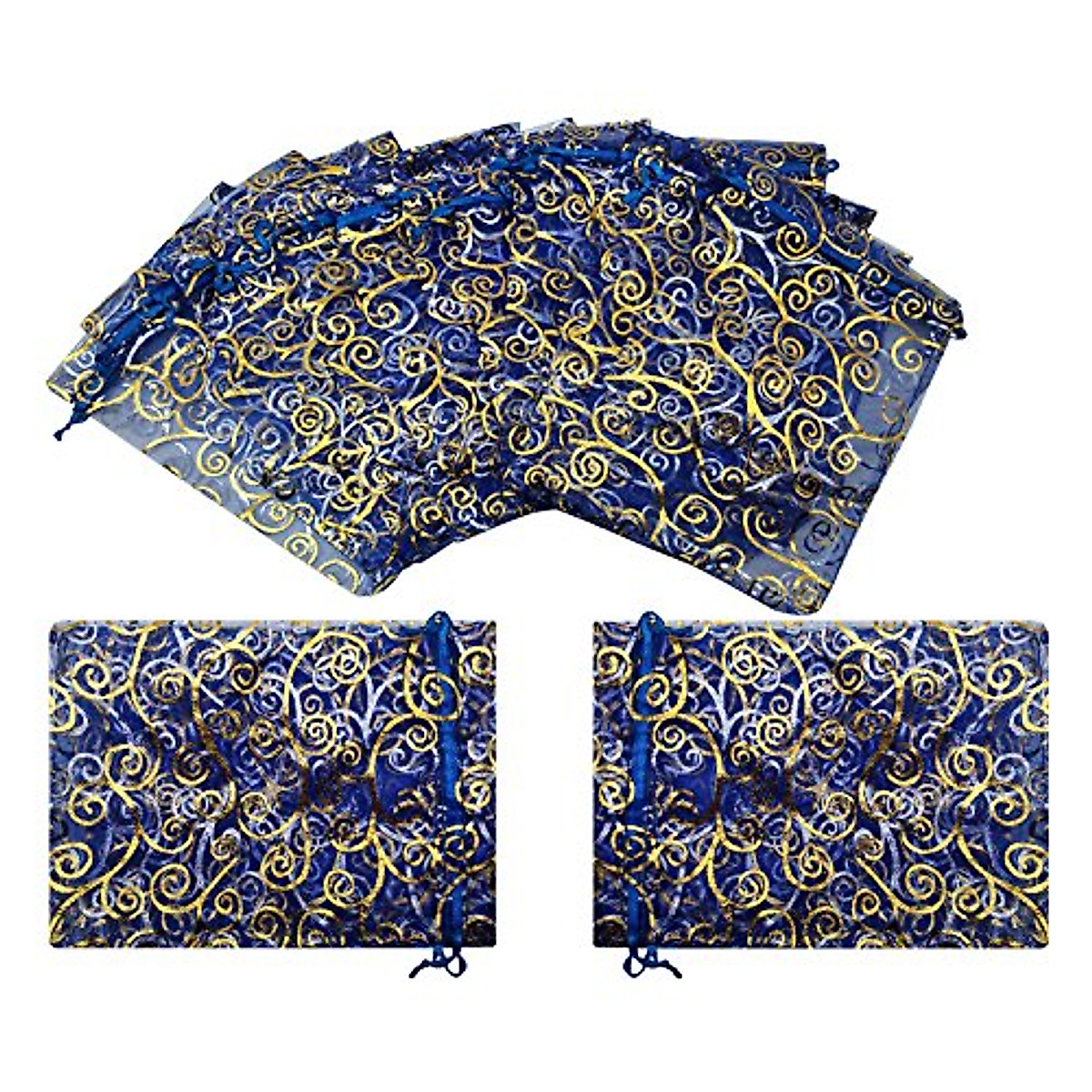 Ankirol 100pcs Sheer Organza Favor Bags 5x7'' for Wedding Bags Samples Display Drawstring Pouches (Blue-Gold Swirl)