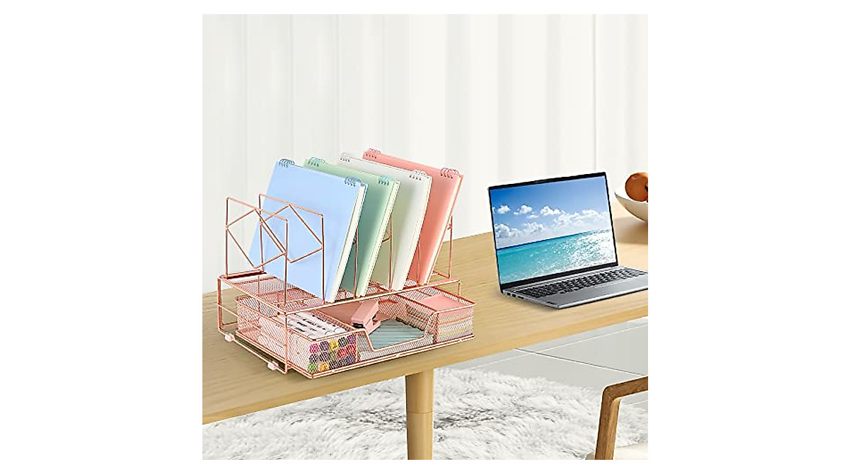Stylish Rose Gold Desk Organizer with File Holder & Drawer