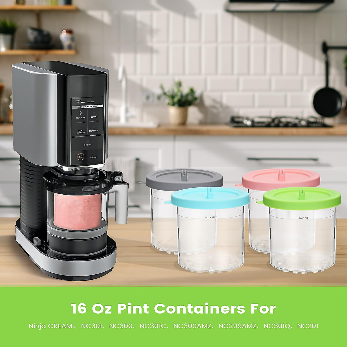 MOVAFEE 16 oz. Extra Pint | Containers Replacement for Ninja Creami Pints and Silicone Lids - 4 Pack, Compatible with Ninja Creami NC301 NC300 NC299AMZ Series Ice Cream Maker, MOV-NCP-04
