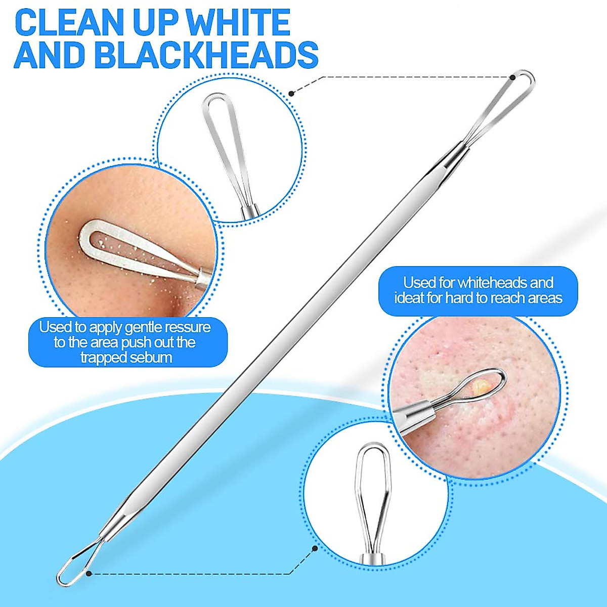 Teenitor Pimple Extractor Acne Treatment Tool Surgical Grade Blackhead Comedone Removal 2-in-1 Popper Tool for Face Nose Blackhead Extractor Tool Silver