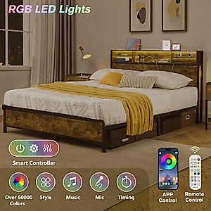 Full Size Bed Frame with Charging Station and Led Lights, Metal Platform Bed with Bookcase Storage Headboard, Heavy Duty Metal Slats, No Box Spring Needed, Easy Assembly, Noise-Free