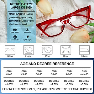 MARE AZZURO Cat Eye Reading Glasses Women Cute Readers 0 1.0 1.25 1.5 1.75 2.0 2.25 2.5 2.75 3.0 3.5 4.0 5.0 6.0 (Red, 200)
