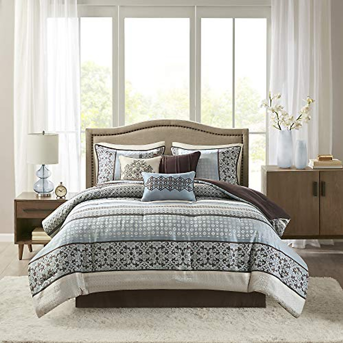 Madison Park Cozy Comforter Set - Luxurious Jaquard Traditional Damask Design, All Season Down Alternative Bedding with Matching Shams, Decorative Pillow Princeton Blue Queen(90"x90") 7 Piece