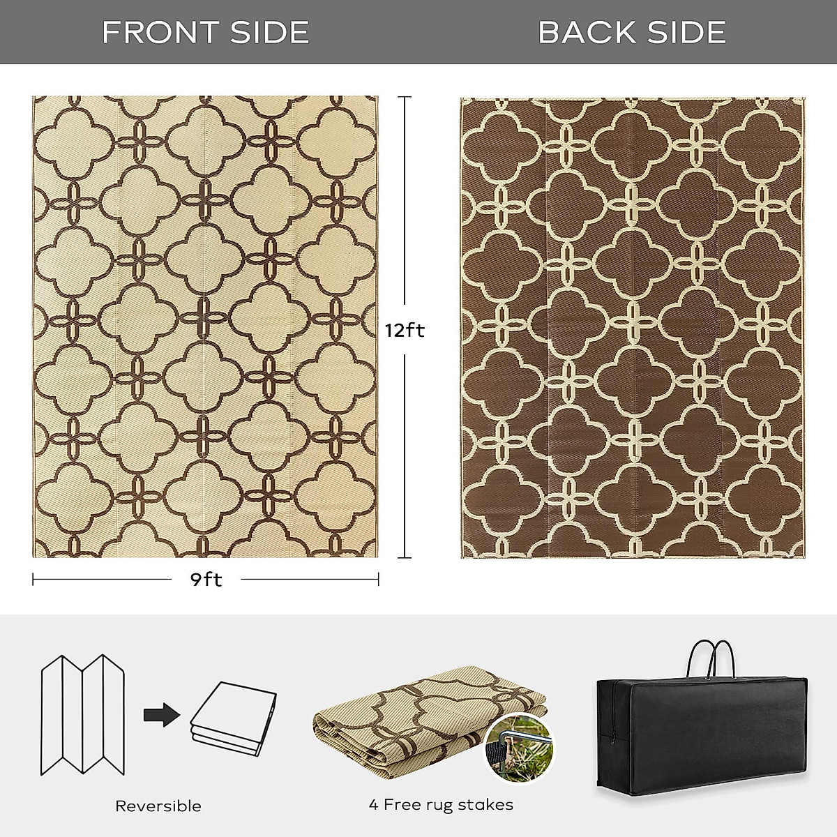 Ashler Sage Green Outdoor Plastic Straw Rug Waterproof for Patio, Clearance Reversible Camping Mats, 9x12 Large Outdoor Area Rugs with Carrying Bag, for RV, Picnic, Backyard, Indoor