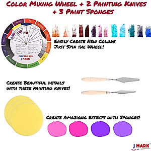 J MARK 48pc Deluxe Painting Kits for Adults - Includes Adjustable Wood Easel, Thick Canvases, Acrylic Paints, Brushes Set,Wooden and Plastic Palettes, 2 Painting Knives, 3 Sponges, Color Mixing Wheel