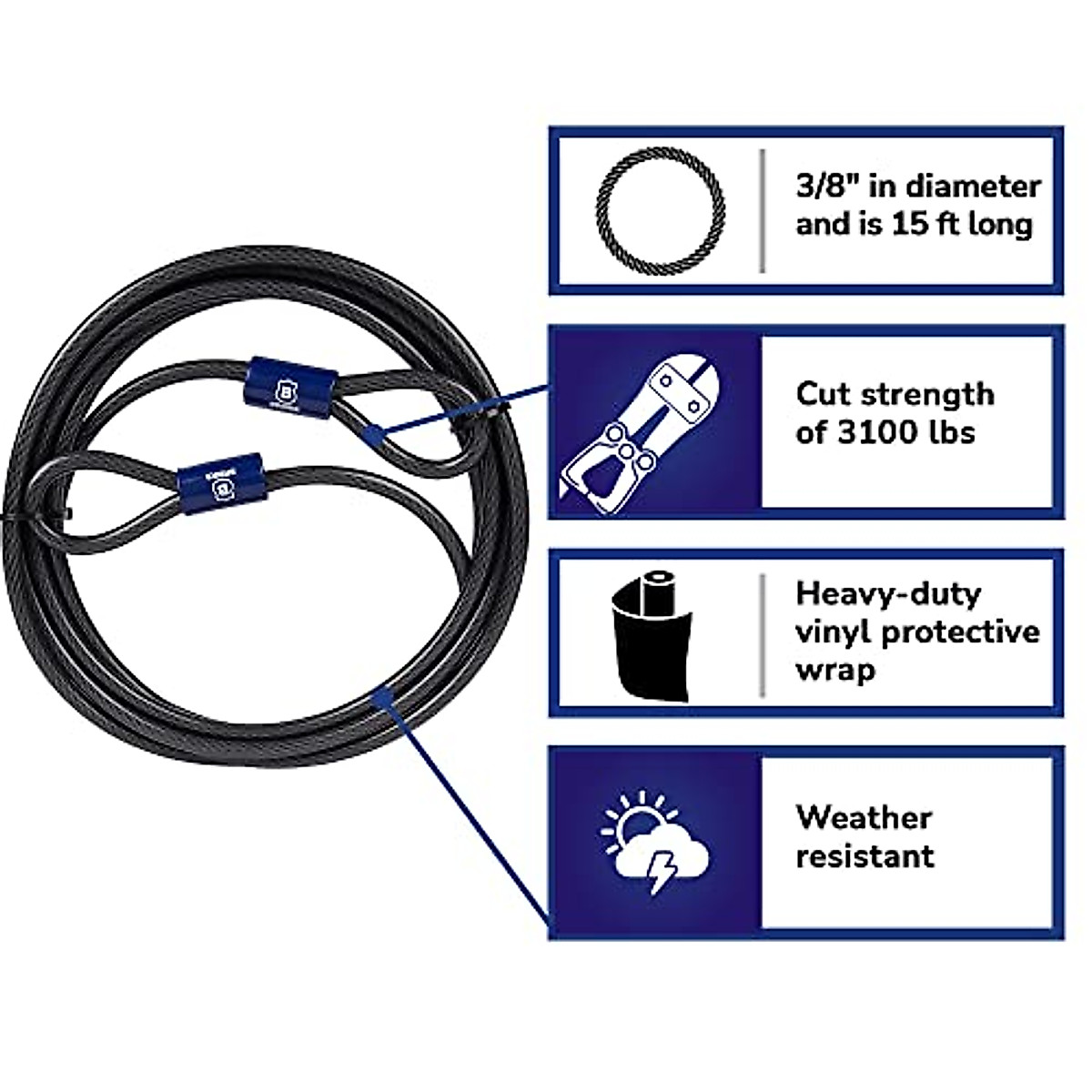 BRINKS - 15 ft x 3/8" Flexible Steel Loop Cable - Heavy Duty Vinyl Wrap for Corrosion Protection