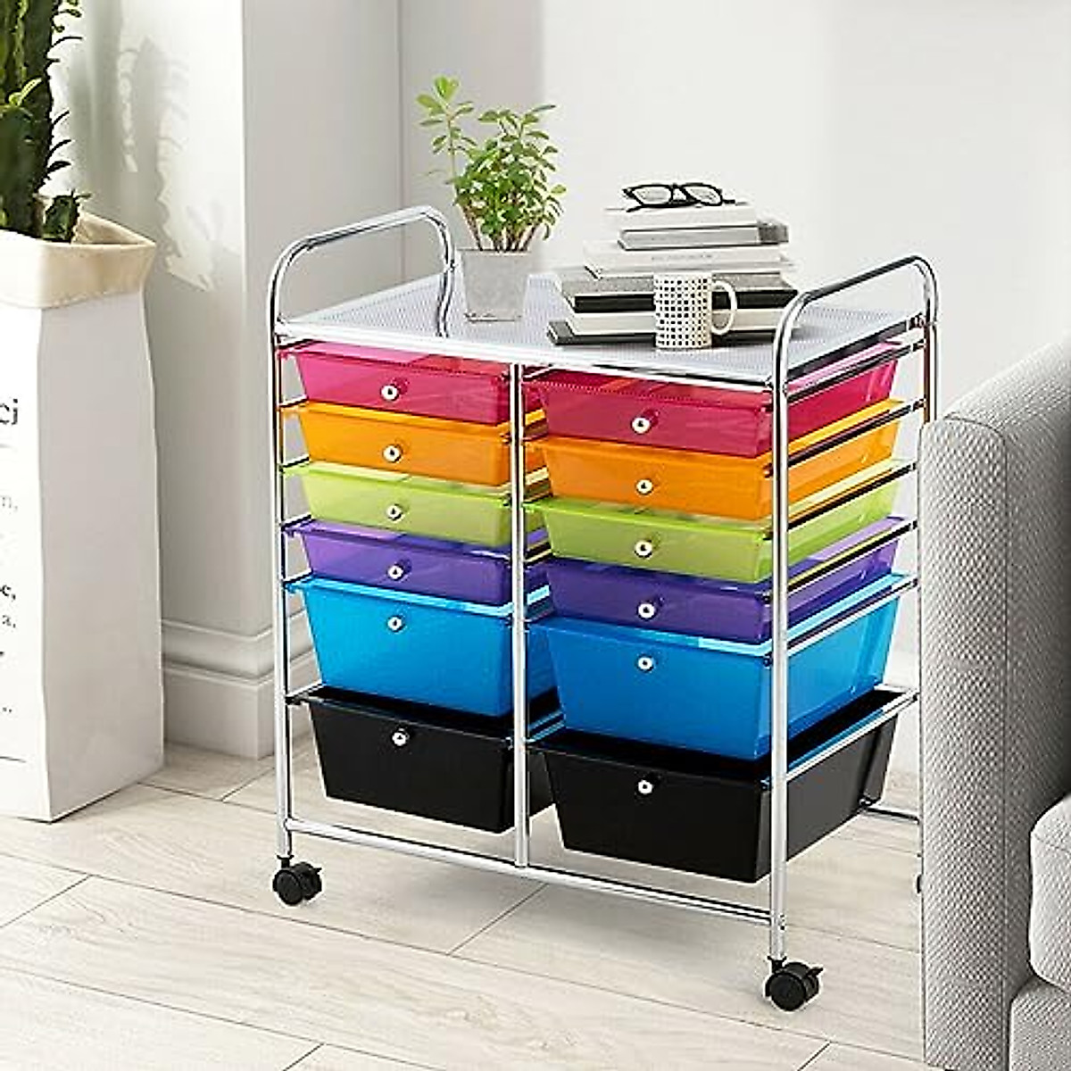 12-Drawer Rolling Storage Craft Cart and Organizer - Rolling Organizer Cart Tools and 4 Universal Casters (Transparent Multicolor)