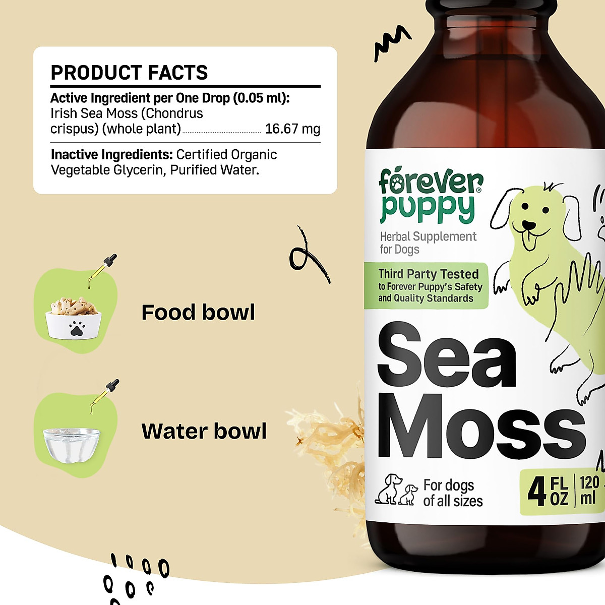 Irish Sea Moss Drops for Dogs - Thyroid & Energy Support for All Breeds & Sizes - Dog Food Supplements with Liquid Seamoss Extract - Natural Vitamins and Supplements for Thyroid Health - 4 oz