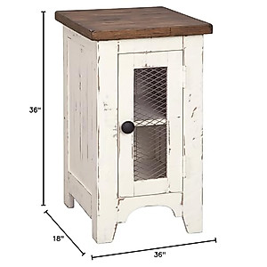 Signature Design by Ashley Wystfield Farmhouse Square Storage Coffee Table with Hinged Lift Top, Distressed White and Chair Side End Table with Cabinet Door for Storage, White & Brown
