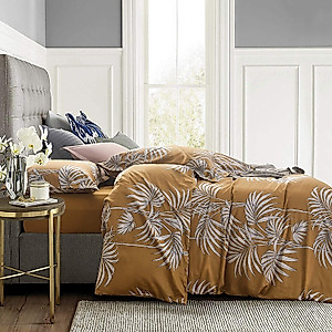 Eikei Midnight Blue Botanical Print Duvet Quilt Cover Egyptian Cotton Bedding Set Modern Luxury Minimal Palm Leaf Dark Charcoal Navy Ocher Floral Watercolor Design (Mustard Yellow, King)