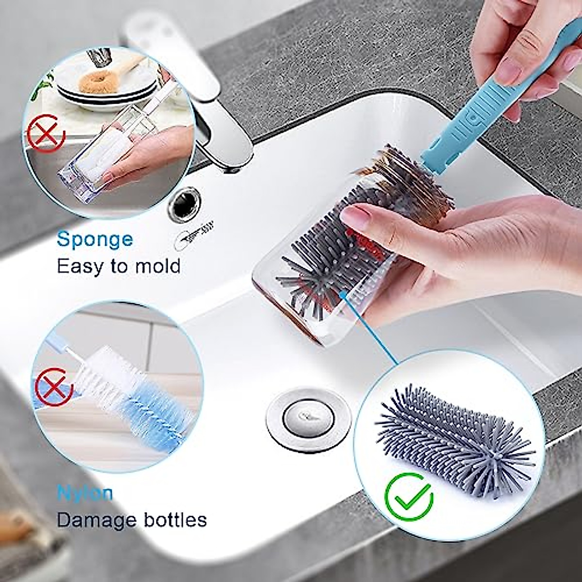 Travel Bottle Cleaner Kit with Baby Bottle Drying Rack, Silicone Liquid Brush, Nipple Brush, Straw Brush, Bottle Soap Dispenser, Baby Bottle Scrubber Brush - Portable Baby Bottle Brush Set, Blue