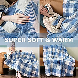 Buffalo Plaid Throw Blanket for Couch Sofa Bed Soft Cozy Fleece Warm Blue and White Checker Plaid Pattern Decorative Lightweight Fluffy Microfiber Checkered Blankets for All Seasons 50''x60''