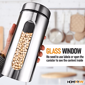 HOMEARRAY Stainless Steel Kitchen Canisters for Countertop – Set of 4 Stainless Steel Containers with Lids – Kitchen Containers Storage Set with Glass Window for Pasta, Cereal, Flour