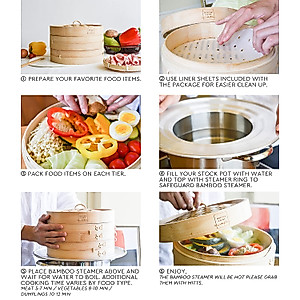 Maison Lune New Bamboo Steamer 10 inch - Includes 2 pairs of Chopsticks, Liners 20 pieces, Steamer Basket for Cooking Dumpling, Dim Sum, Bao Bun, Vegetable