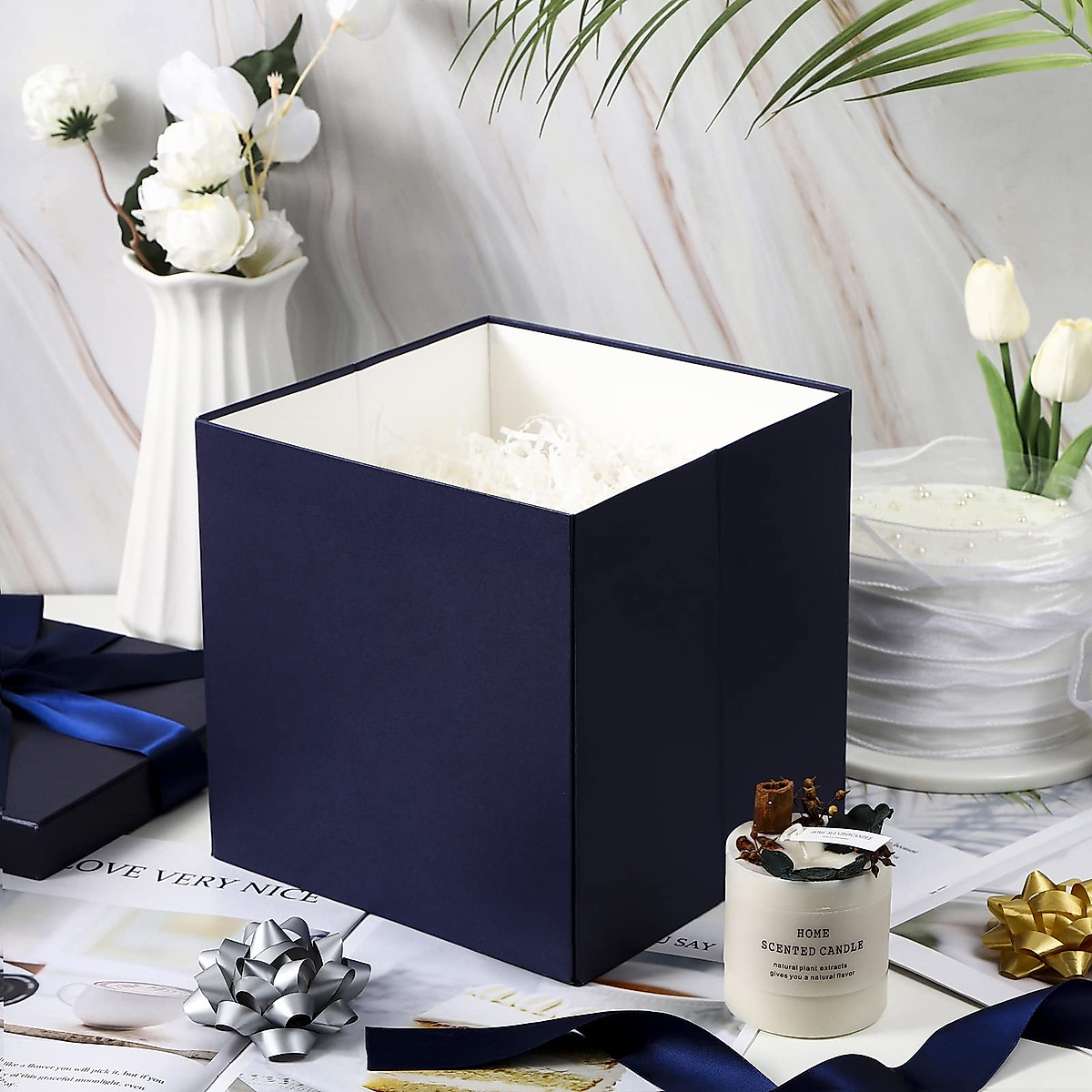 RUSPEPA Medium Birthday Gift Box with Lids, Ribbon and Tissue Paper, Collapsible Gift Box - 1 Pcs, 10x10x10 Inches, Navy Blue