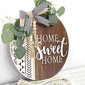 3D Welcome Front Door Wreath Porch Decor, Wooden Home Sweet Home Boho Outdoor Sign Hanging, Farmhouse Aztec Wall Sign Hanger with Artificial Leaves&Rustic Beads