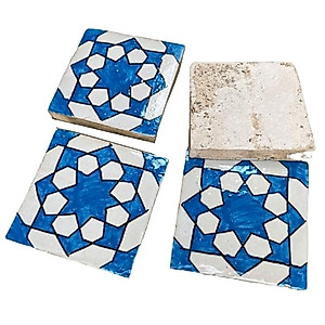 Spanish Blue Ceramic Tile Painted 4x4 - Moroccan Hand Painted Tile Zellige for Kitchen Backsplash, Outdoor/Indoor Tiles Bathroom or Shower Tile, Handmade Ceramic Tile Simple (4 Tiles)