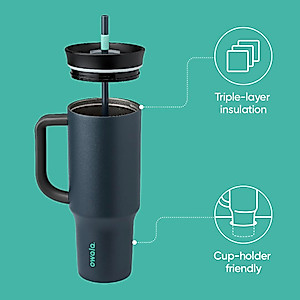 Owala Stainless Steel Triple Layer Insulated Travel Tumbler with Spill Resistant Lid, Straw, and Carry Handle, BPA Free, 40 oz, Gray (Foggy Tide)