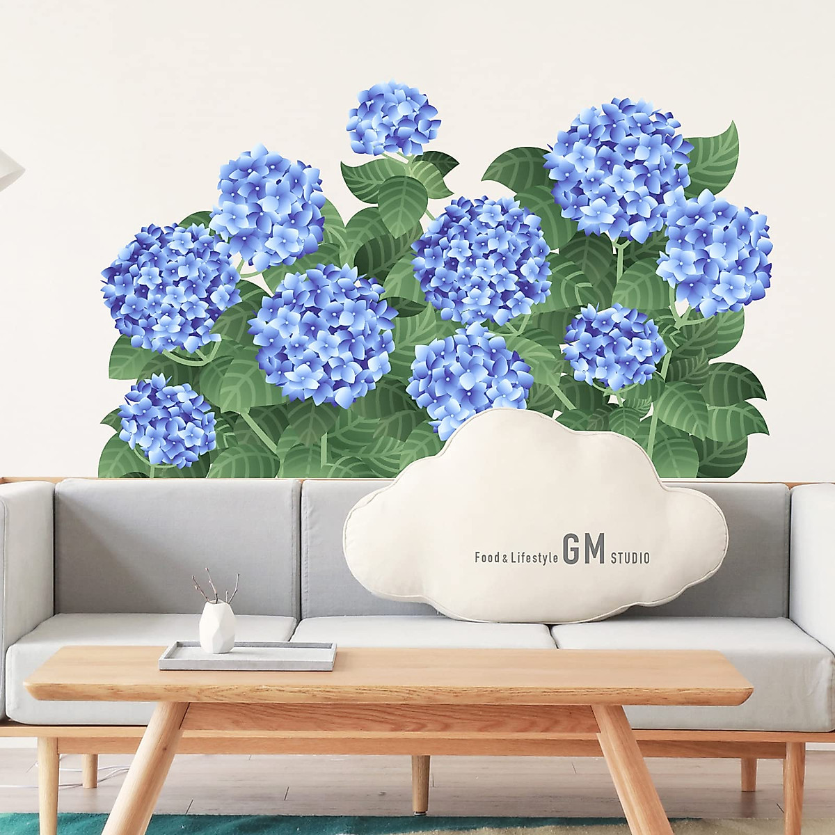Maydahui Blue Hydrangea Flower Wall Decals Green Leaf Floral Wall Stickers (21.6x35.4 Inch) Removable Peel and Stick Art Murals Decor for Kids Bedroom Living Room TV Sofa Headboard Background