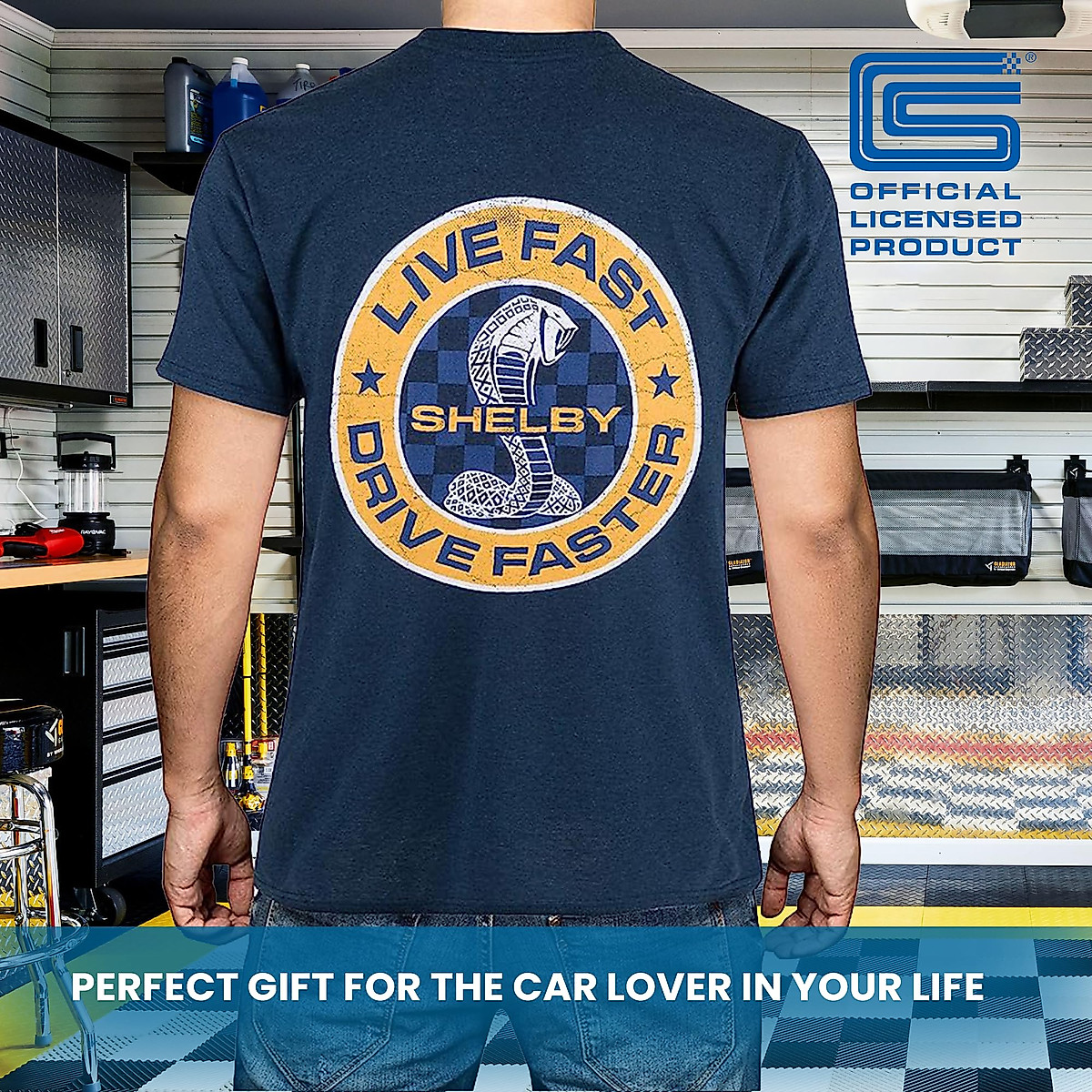 Shelby Cobra Snake Live Fast, Drive Faster Tee T-Shirt | Breathable and Lightweight Fabric | Double Needle Stitched Sleeves and Bottom Hem | Indigo | Size-L