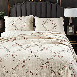 vctops 3-Piece Elegant Floral Embroidered Bedspread Coverlet Set 100% Cotton Reversible Patchwork 1 Quilt and 2 Pillow Shams Full/Queen, Flower