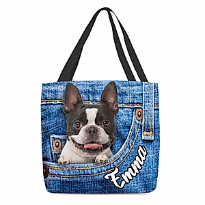 IZI POD NAZENTI Personalized Boston Terrier In Pocket Tote Bag - Custom Print Two Side Tote Bags with Name, Gift for Dog Mom, Women Bag Shoulder, Tote Grocery, Gift for Dog Lover, Girl Handbag