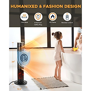 Space Heater Indoor, Airvention 1500W 34" Electric Heater for Large Room, 4 Modes,12H Timer, PTC Ceramic Heating with Thermostat, Remote, Portable Tower Heater for Office, Bathroom, Bedroom,AI-H300