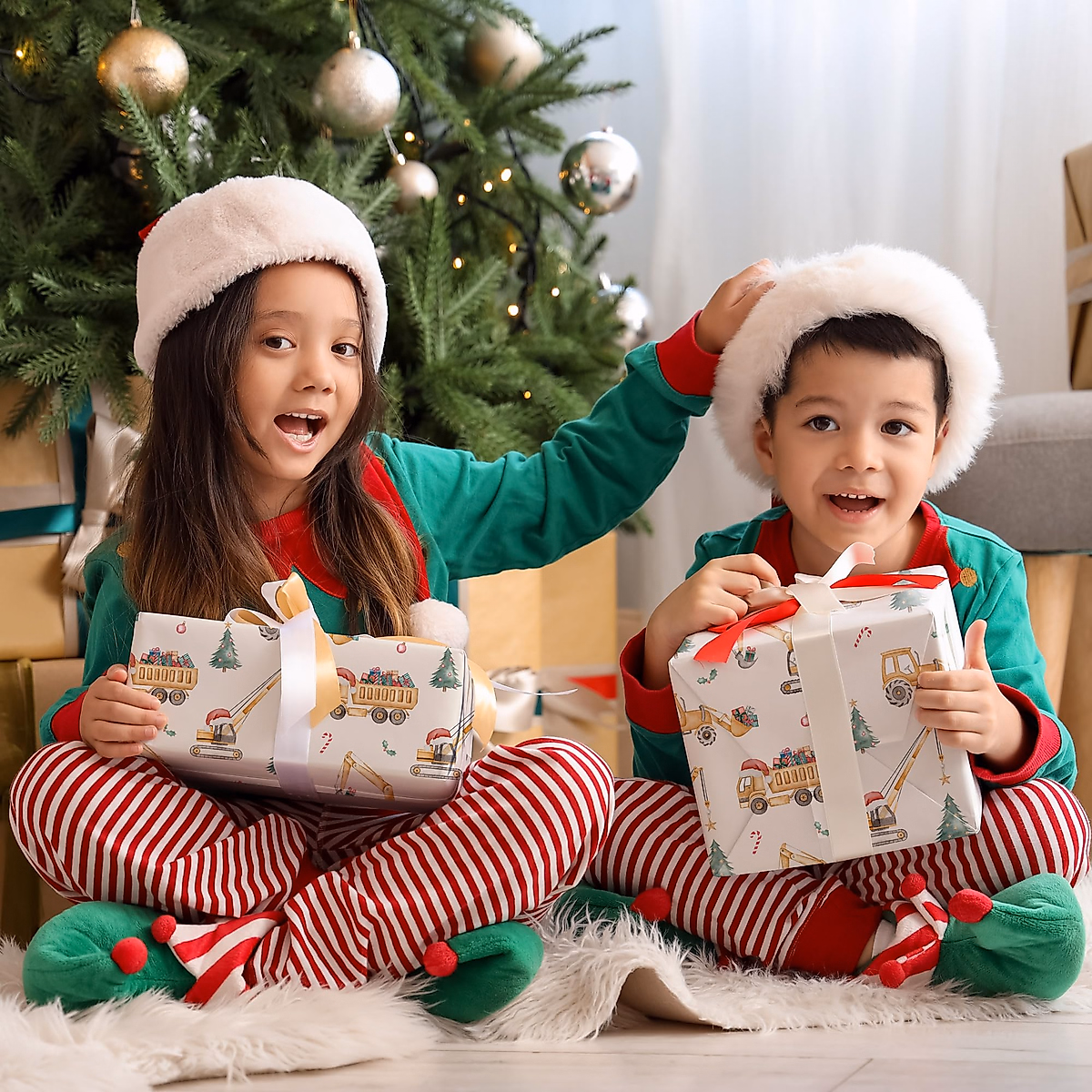 SaringSwoon Construction Christmas Wrapping Paper for Kids - Holiday Wrapping Paper with Dump Trucks, Cranes, Excavators with Santa Hats & Gifts, Christmas Tree - 40×28 Inches, 4 Folded Sheets