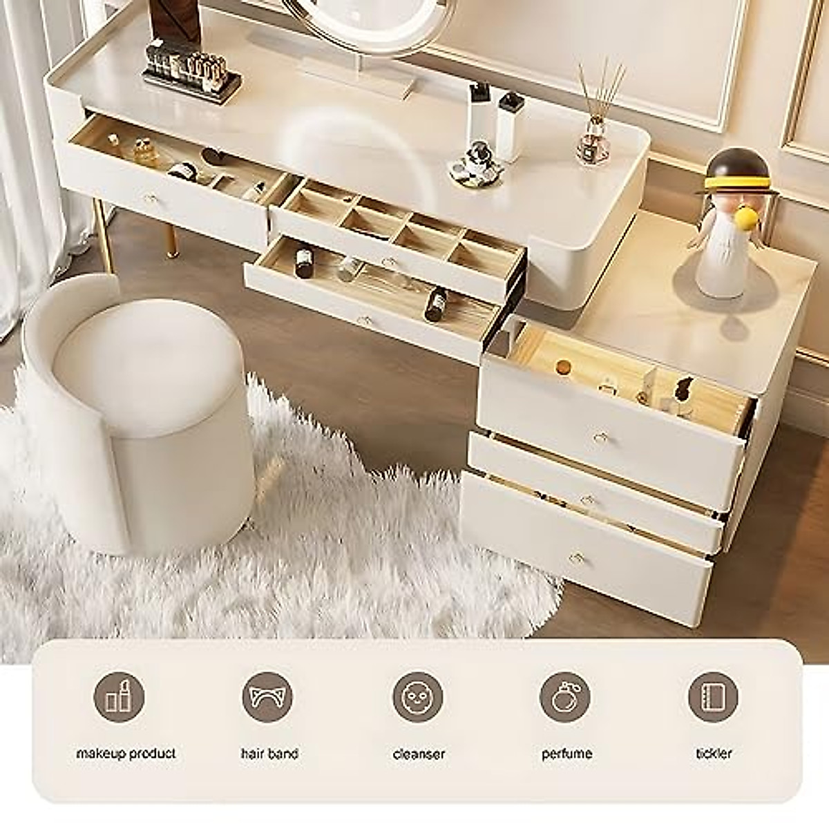 Attega Makeup Vanity Set, Vanity Table with Slate Tabletop, Dressing Table Set with Round Makeup Stool with Backrest for Bedroom