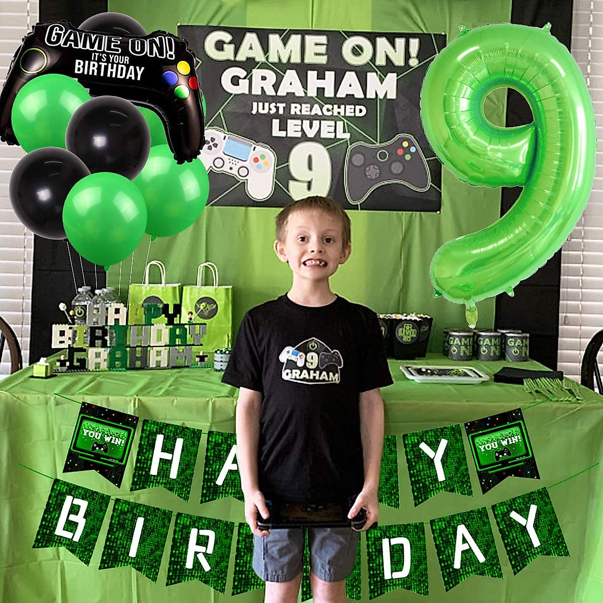 Video Game 9th Birthday Party Decoration for Boys Game on Gaming Theme Party Supplies Game Controller Level Up 9 Balloon Happy Birthday Banner Cake Topper