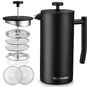 Large French Press Coffee Maker - French Press Stainless Steel - Insulated French Coffee Press, Metal French Press Large - 50oz 1.5L (Black)