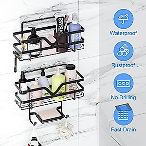 Gaseawolf Adhesive Shower Caddy, 2 Pack Shower Shelf with Soap Holder and Hooks, No Drilling Matte Black Bathroom Shower Organizer for Bathroom, Restroom, Shower Room, Toilet, Kitchen