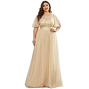 Ever-Pretty Women's Round Neck A-Line Tulle Sequin Plus Size Formal Dresses for Women Gold US18