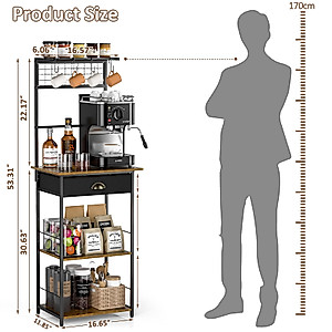 5 Tier Coffee Bar Station with Drawer, Coffee Stand with 4 S-Shaped Hooks, Farmhouse Corner Coffee Bar Cabinet for Small Spaces, Bakers Rack for Kitchen, Living Room, 13.43"D x 18.93"W x 53.31"H