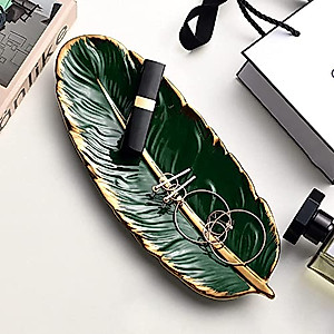 Organizer Tray Feather Trinket Dish Ceramic Jewelry Dish Organizer Vanity Dressers Tray for Bathroom Closets Tray Desk Ornate Jewelry-Green
