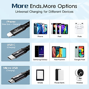 Multi Charger Cable 3A [4Ft 2Pack] Multi Charging Cable 3 in 1 Retractable Charging Cord Multi USB Cable with Lightning/Type C/Micro USB Port for Cell Phones/Samsung Galaxy/LG/Huawei/Tablets/PS & More