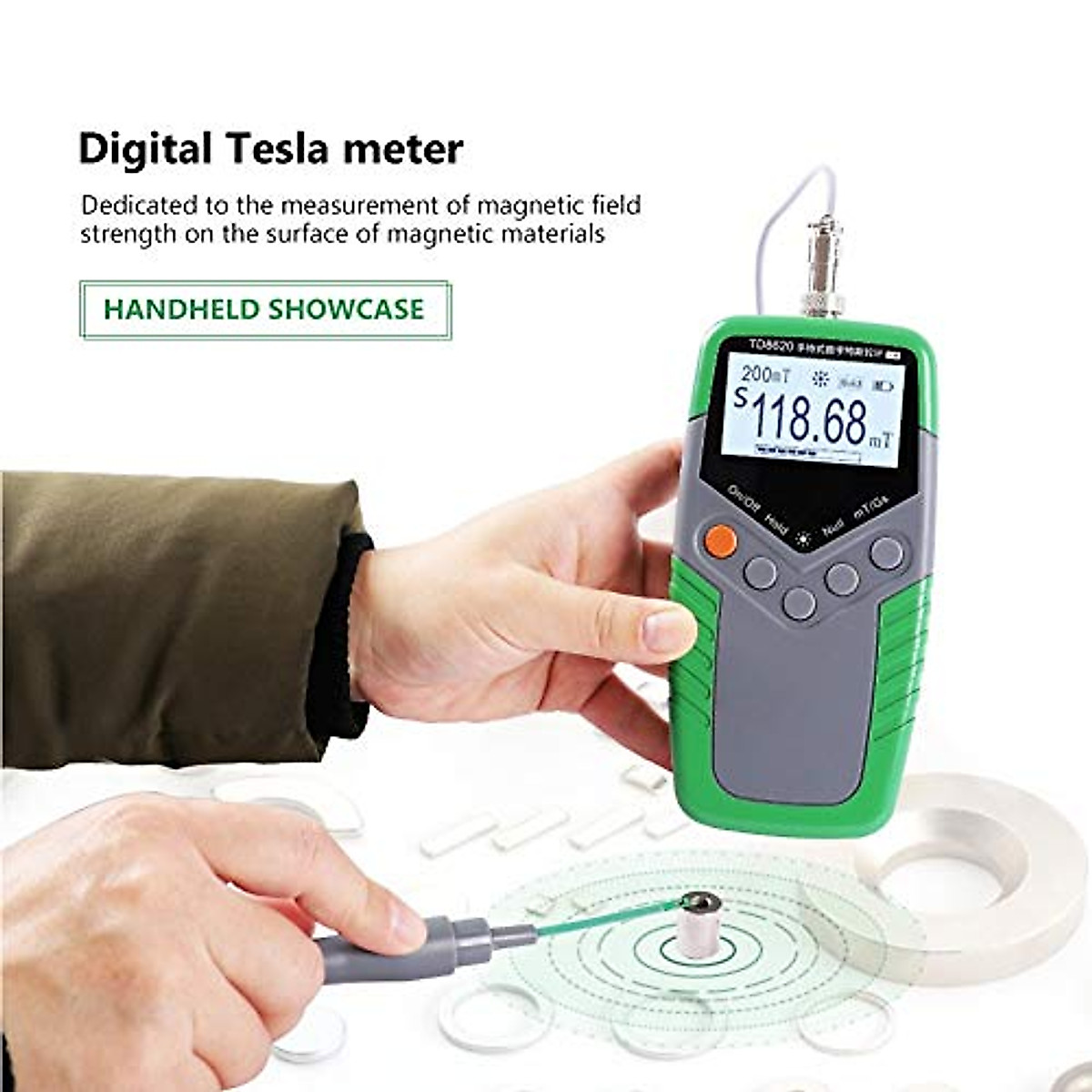Permanent Magnet Gauss Meter Tesla Meter Fluxmeter with 5% Accuracy Probe 0 to 2400mT