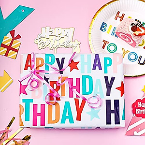 LeZakaa Reversible Birthday Wrapping Paper Roll - Happy Birthday Lettering & Star - 17 inches x 32.8 Feet (46.45 sq.ft.)