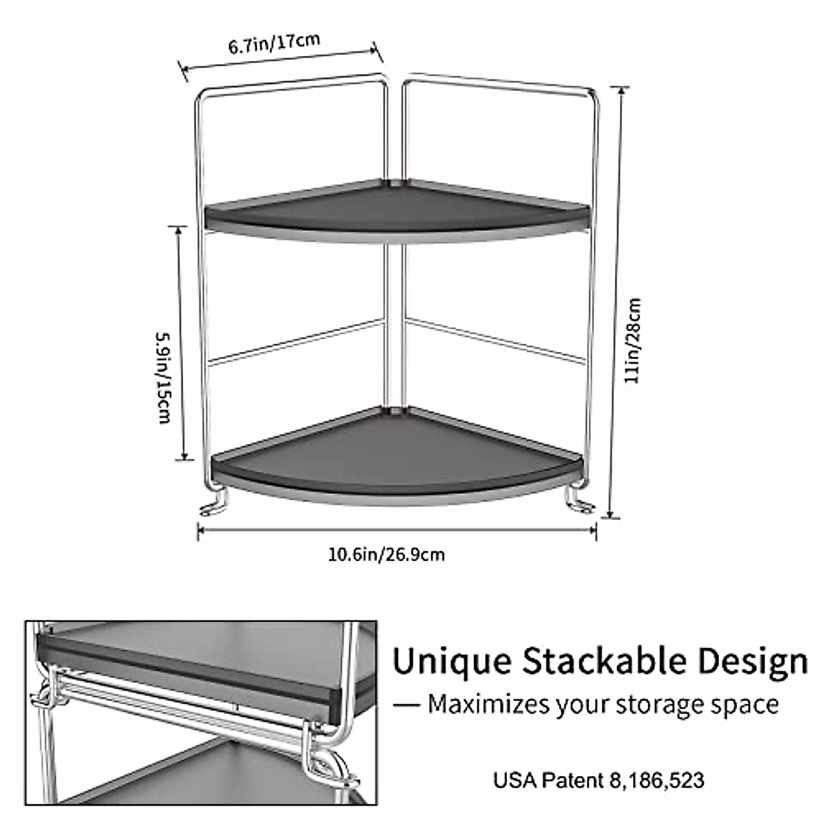 JANUS LiANG 2-Tier Bathroom Organizer Countertop Corner - Makeup Organizer Cosmetic perfume Holder Bedroom Storage Shelf or Kitchen Spice Rack (Chrome + Black)