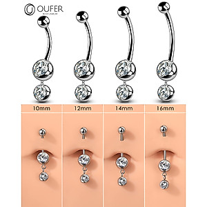 OUFER Dangle Belly Button Rings, G23 Solid Titanium Belly Ring, 14G Clear CZ Long Belly Piercing Jewelry, Lead & Nickel Free Navel Rings for Women Men-16MM