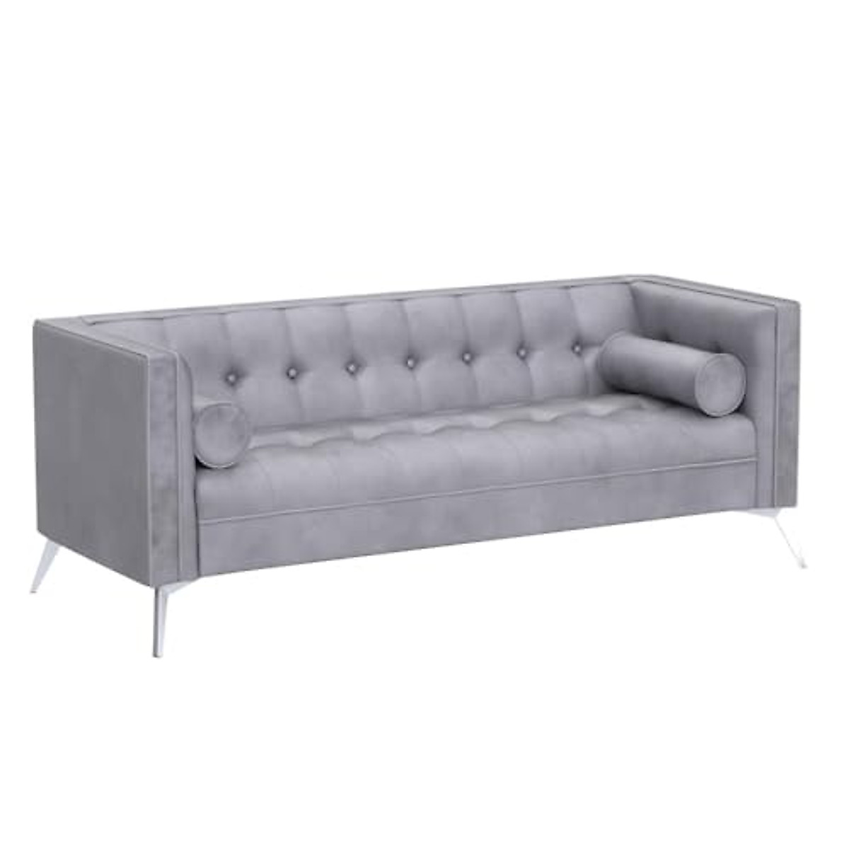 Mid-Century Velvet Chesterfield Sofa Couch, Modern Love Seats Sofa Furniture, Upholstered Button Tufted Couch with 2 Bolster Pillows for Living Room Apartment, Grey