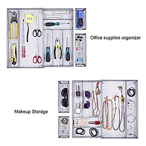 WuGeShop Expandable Kitchen Drawer Organizer, Large Silverware Organizer, Adjustable Mesh Utensils Cutlery Tray with Anti-slip Mat (7+2 Compartment, Silver)