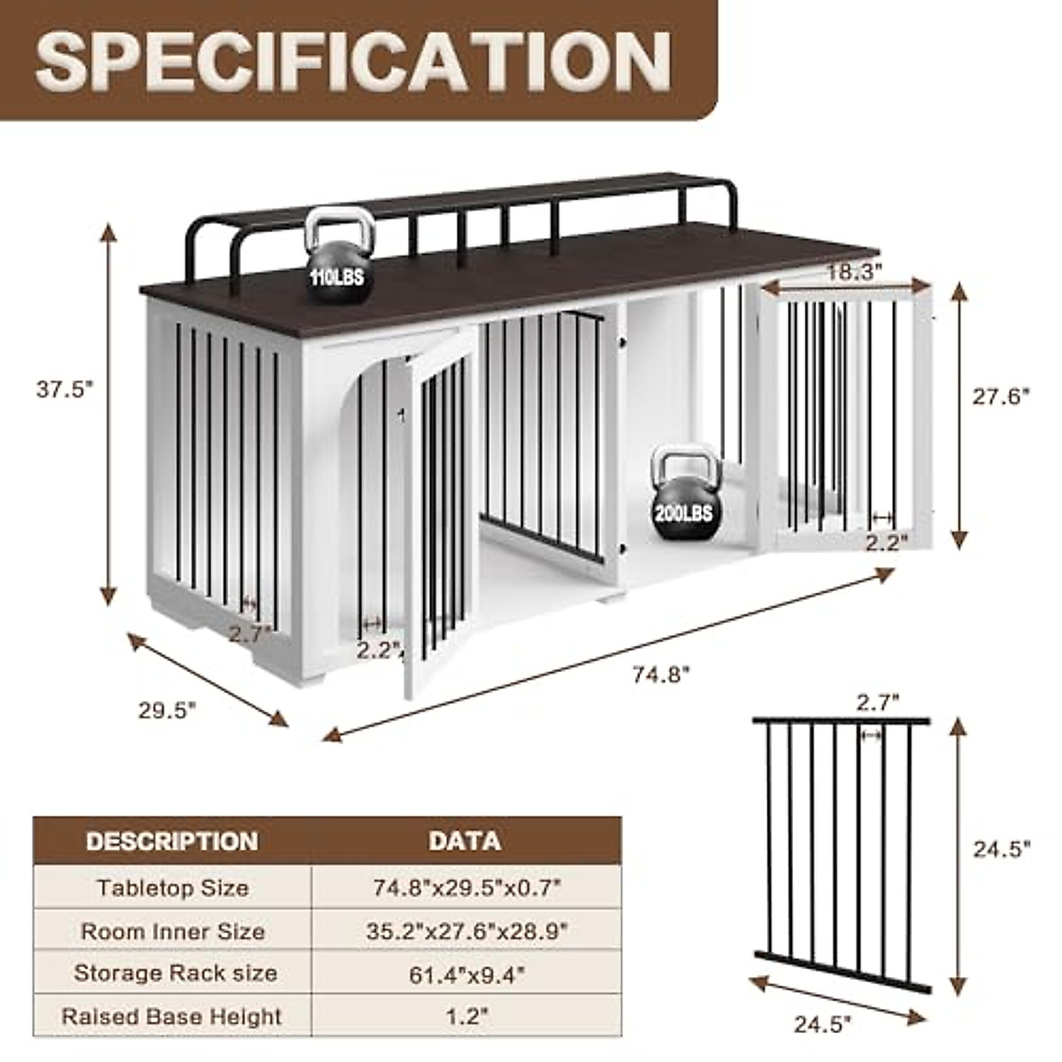 74.8" XXL Double Dog Kennel Furniture for Large Breed,Heavy Duty Wooden Dog Crate Cage Furniture Style with Storage Rack Shelf and Divider for 2 Dogs Indoor,White