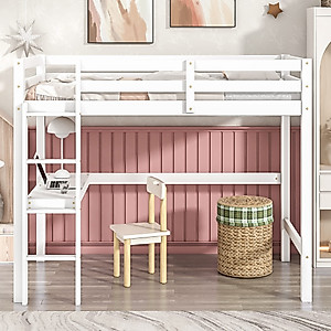 LiviNest Twin Loft Bed Frame - Wood Pine Bed Frames with Ladder Safety Rail and Desk - Loft Size Bed with Table for Kids Boys Girls White