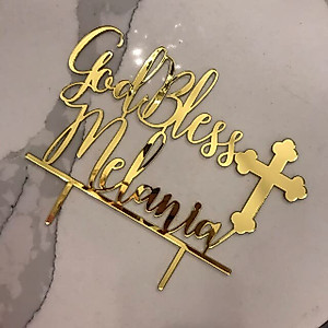 Personalized God Bless Cake Topper with Cross Name Baby Baptism centerpiece Christening Topper 1st First Holy Communion Religious Toppers Blessed Custom Sign Christian Acrylic Party Anniversary Gifts