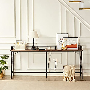 VECELO Couch Side & Console Table with 2 Outlets and USB Ports, 70.9 Inches, Brown